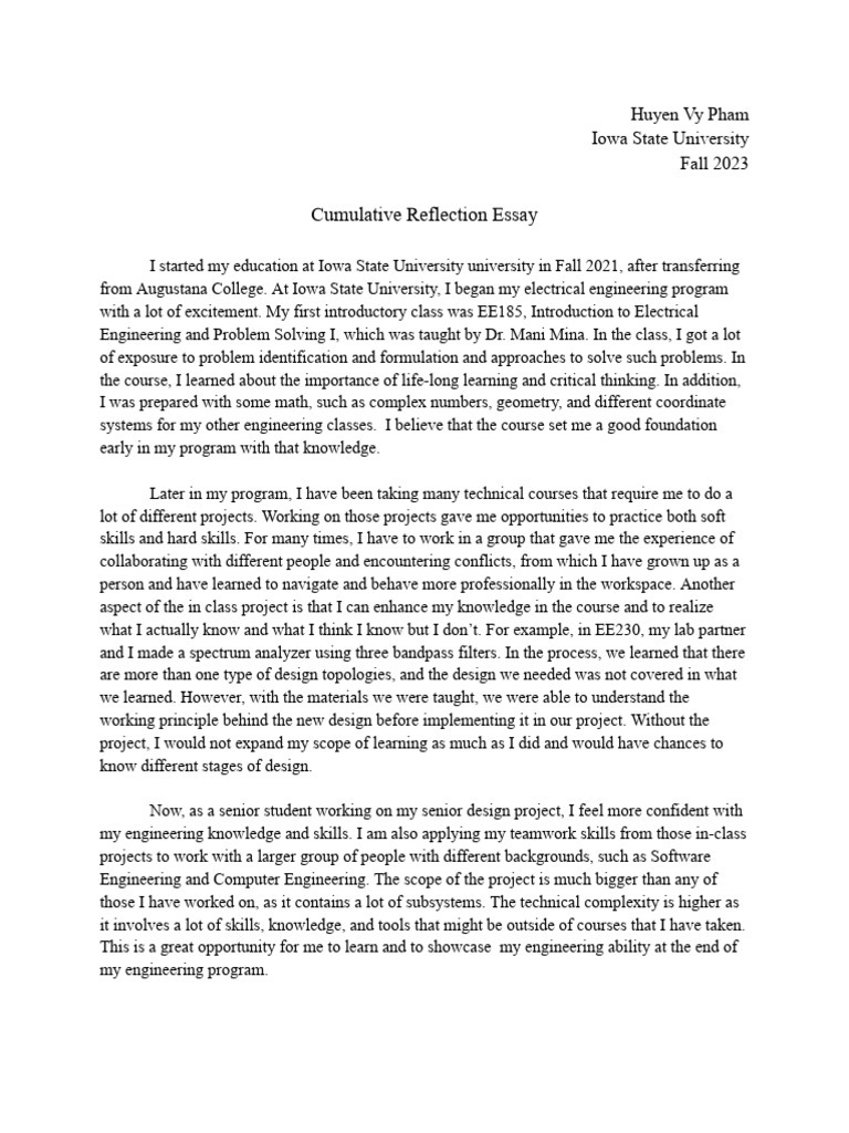 Cumulative Reflection Essay - Huyen Vy Pham | PDF | Engineering | Internship