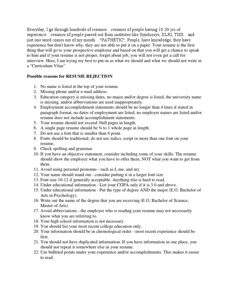 Possible Reasons For RESUME REJECTION | PDF | Résumé | Grading (Education)