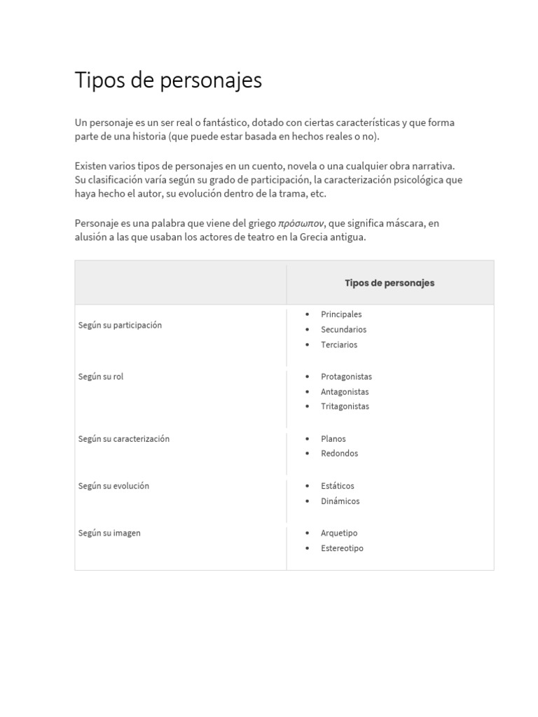 Guía de Tipos de Personajes Narrativos | PDF