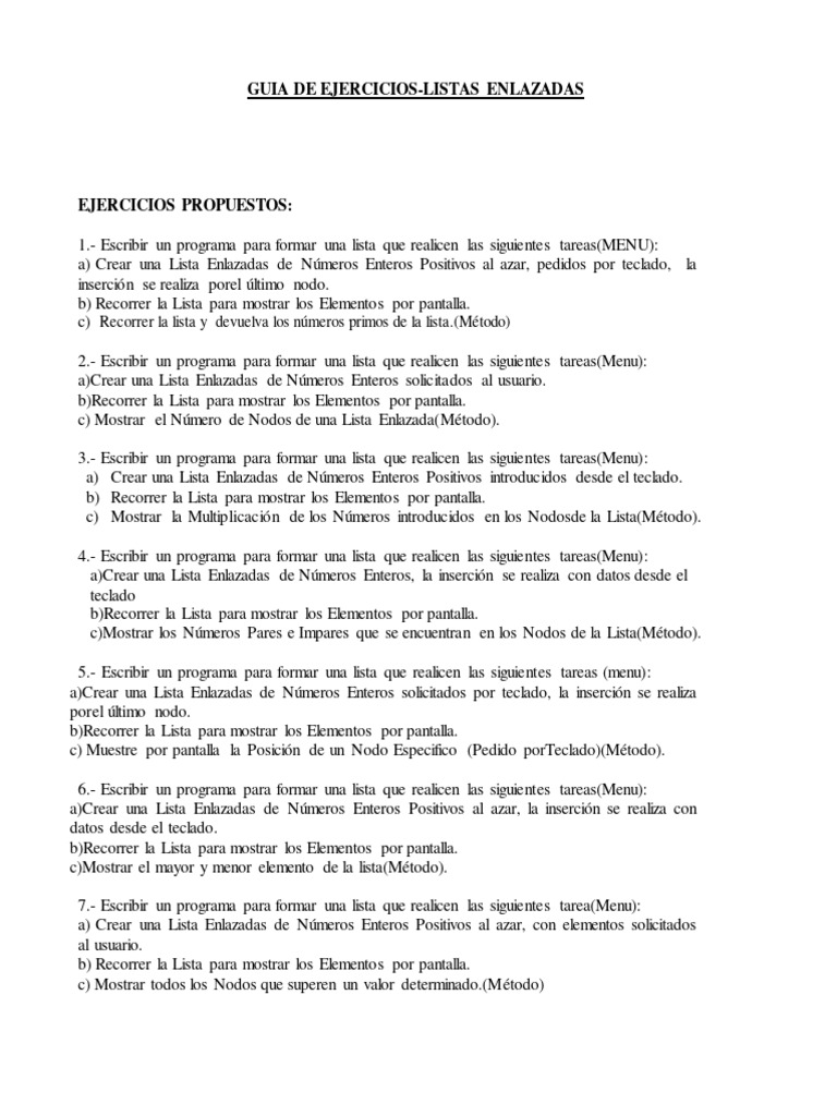 Guia de Ejercicios Listas Enlazadas | PDF Guia de Ejercicios Listas Enlazadas | PDF