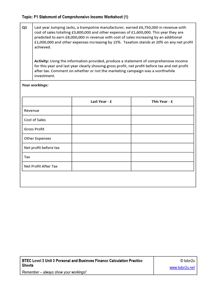 Statement of Comprehensive Income Worksheet 1 Sample | PDF | Net Income ...