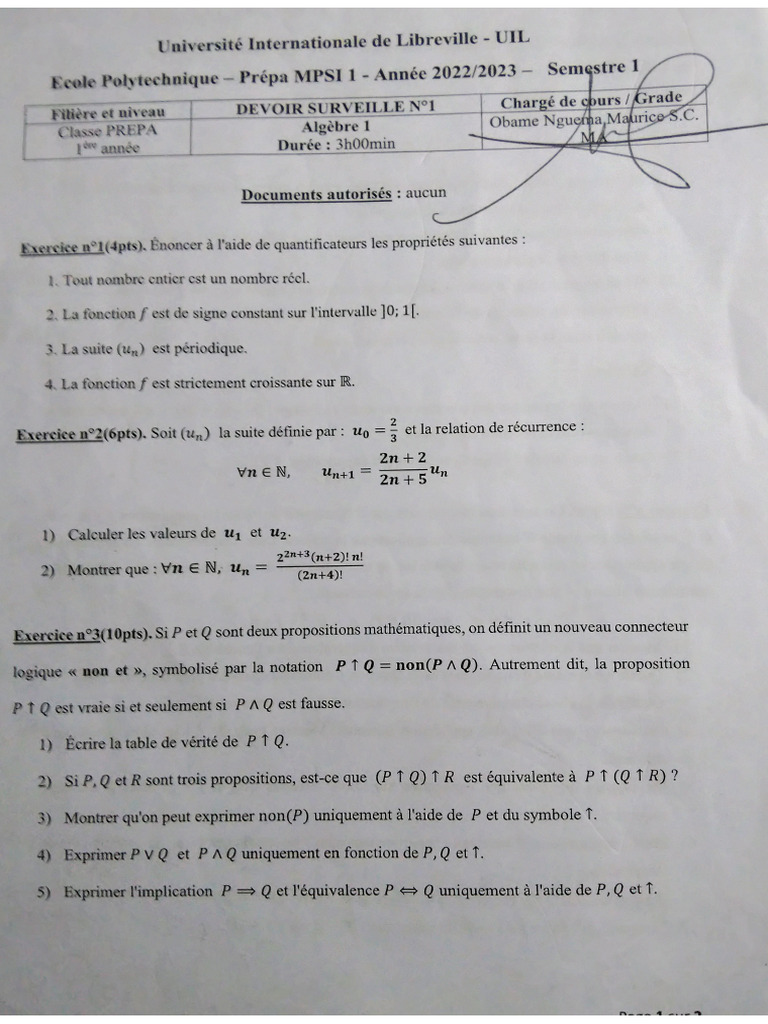 Devoir n1 Algébre | PDF