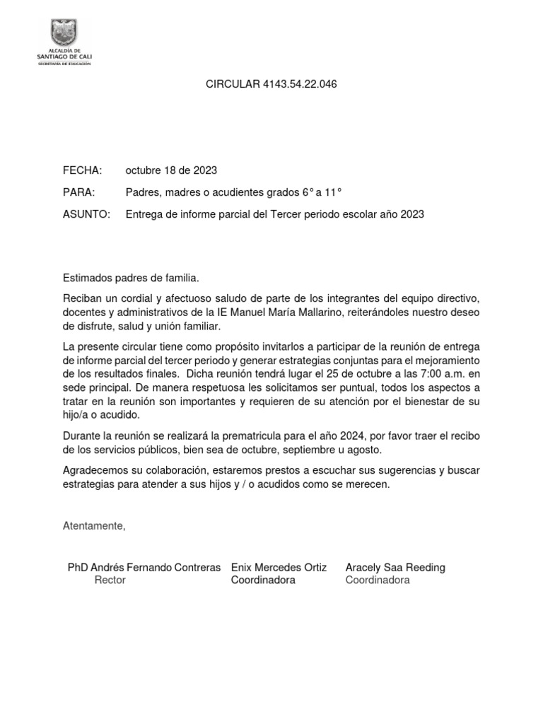 Circular reunión informe parcial 3° periodo | PDF