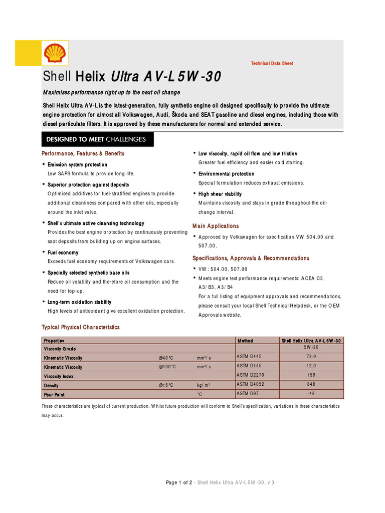 Tds en Shell Helix Ultra Av L 5w 30 | PDF