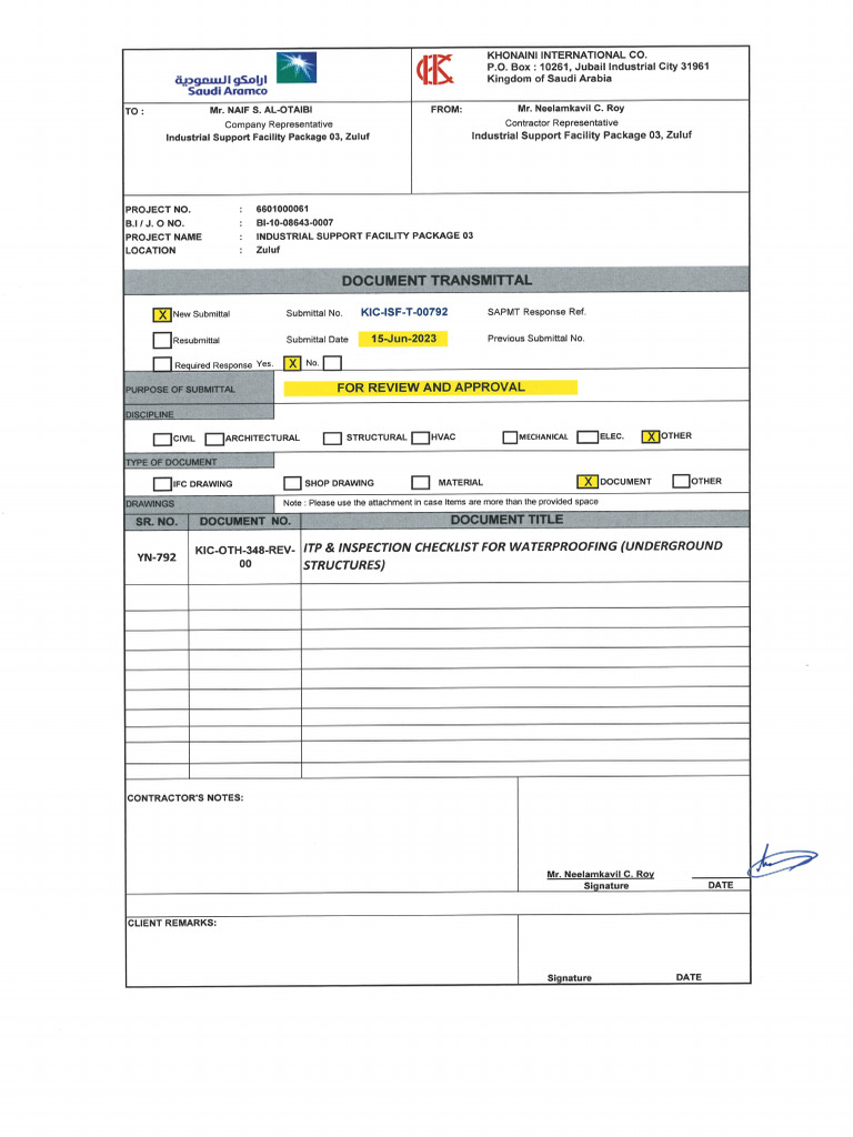 Kic-Isf-t-00792-Itp & Inspection Checklist For Waterproofing ... Kic-Isf-t-00792-Itp & Inspection Checklist For Waterproofing ...