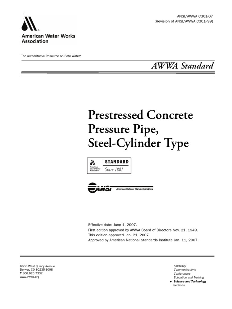 AWWA C301 - 2007 - Prestressed Concrete Pressure Pipe, Steel-Cylinder ...