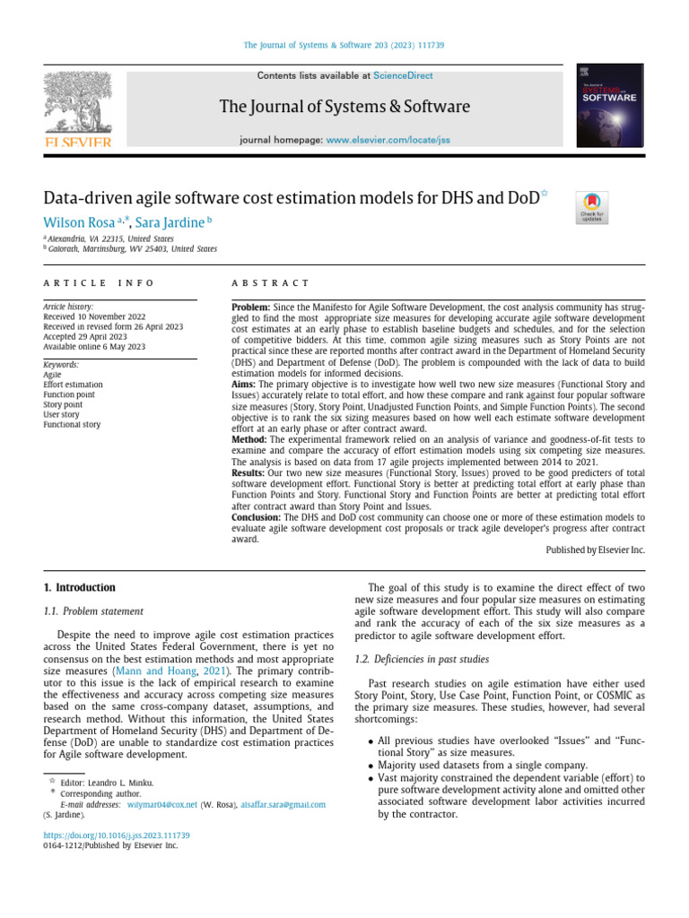 Data-Driven Agile Software Cost Estimation Models For DHS and DoD | PDF Data-Driven Agile Software Cost Estimation Models For DHS and DoD | PDF