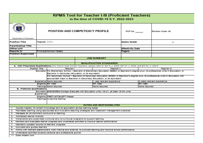 Competency Profile For T 1 3 | PDF