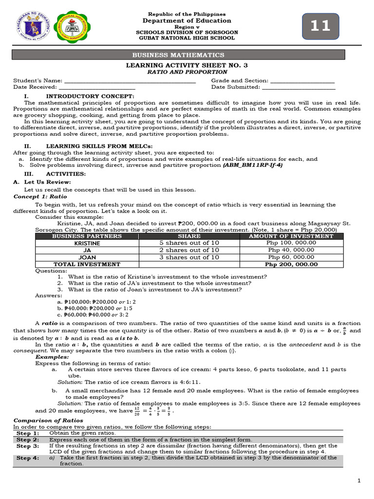 LAS 3 Business Math Ratio and Proportion | PDF