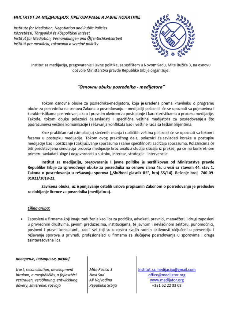 Osnovna Obuka Posrednika Medijatora 1 | PDF