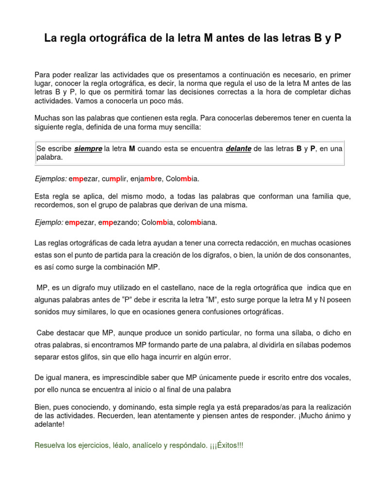 La Regla Ortográfica de La Letra M Antes de Las Letras B y P | PDF