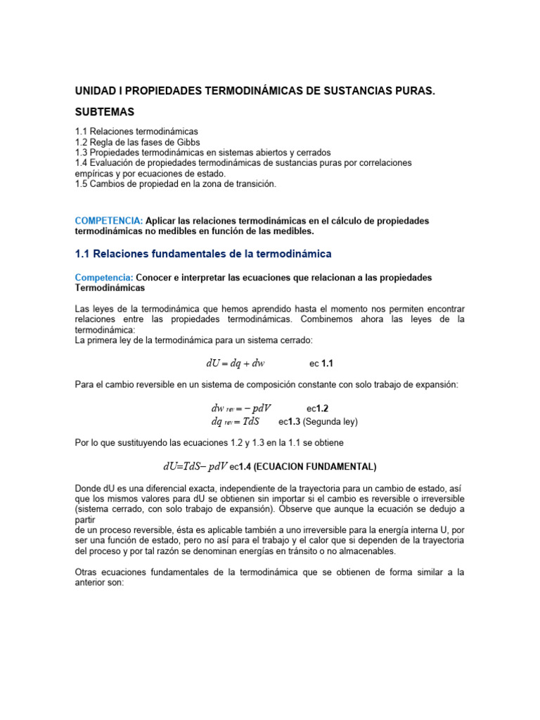 Unidad I Propiedades Termodinámicas de Sustancias Puras | PDF | Equilibrio químico | Energía ...