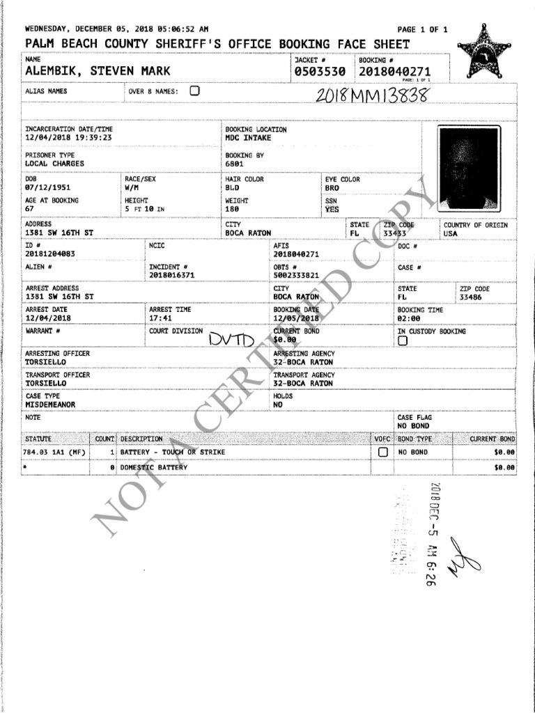 Steven Alembik Booking Report | PDF | Criminal Law