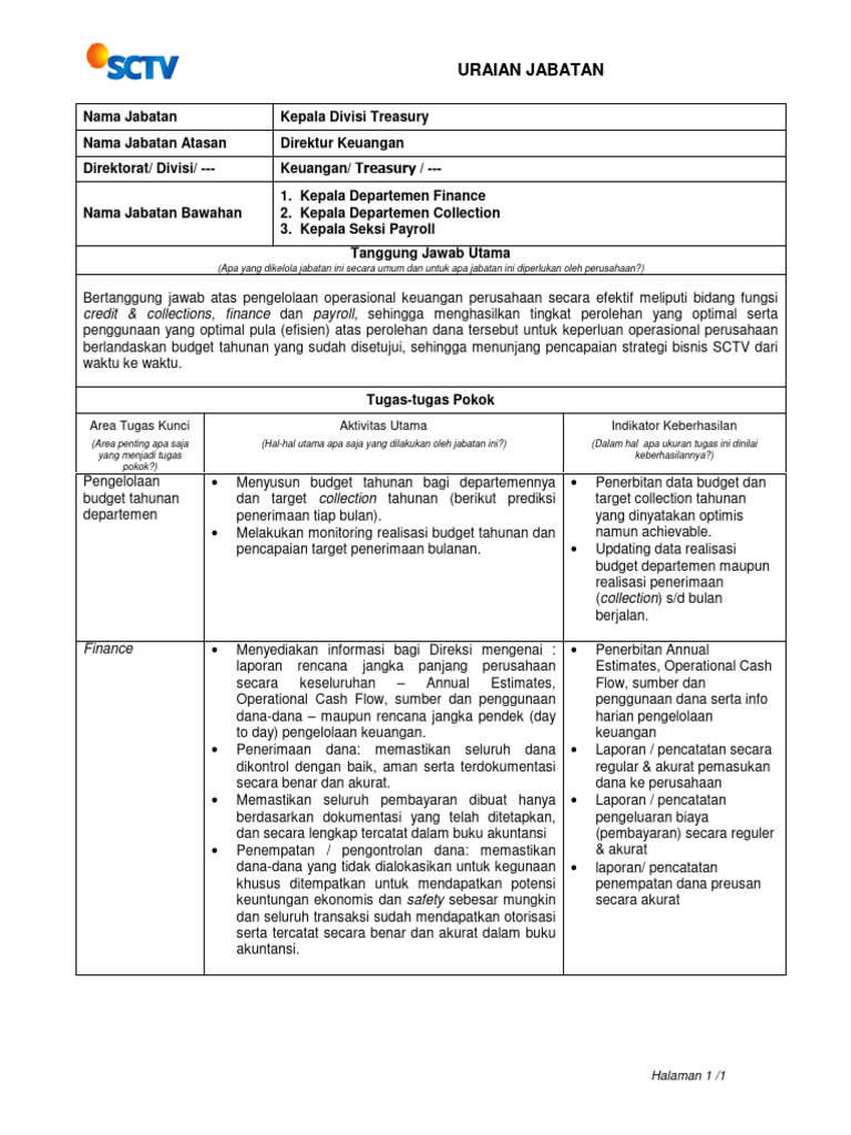 JobDesc-kadiv Treasury | PDF