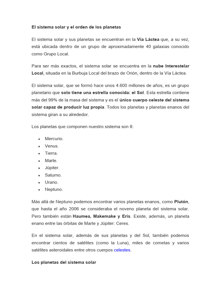El Sistema Solar y El Orden de Los Planetas | PDF | Sistema solar | Planetas
