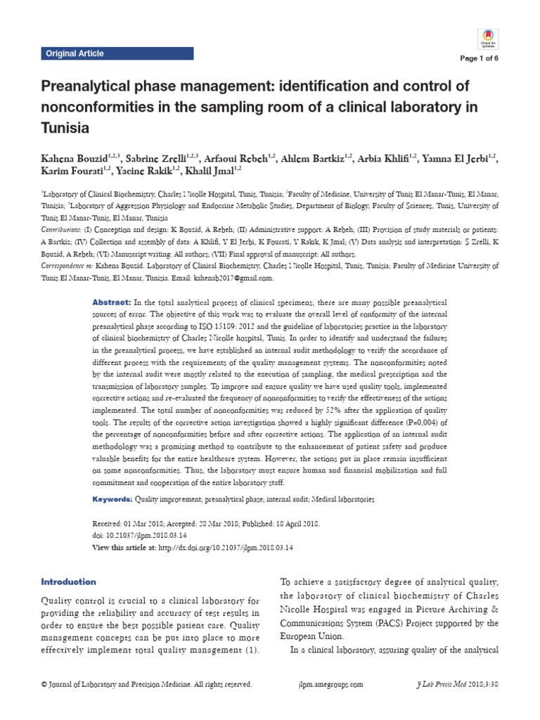Preanalytical Phase Management: Identification and Control of ...
