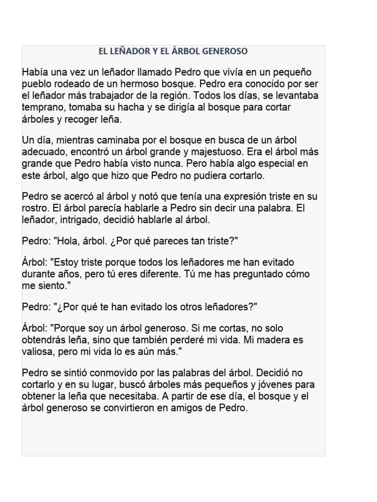 El Leñador y El Árbol Generoso | PDF