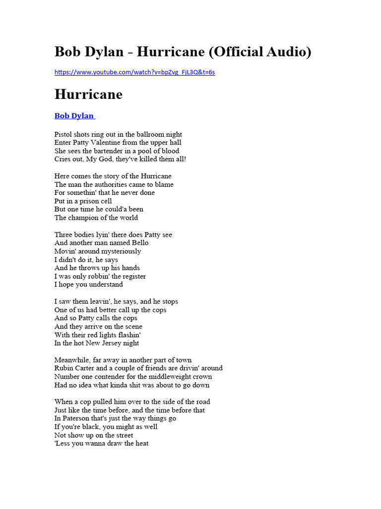 Bob Dylan - Hurricane (Official Audio) | PDF | Mystery, Thriller ...