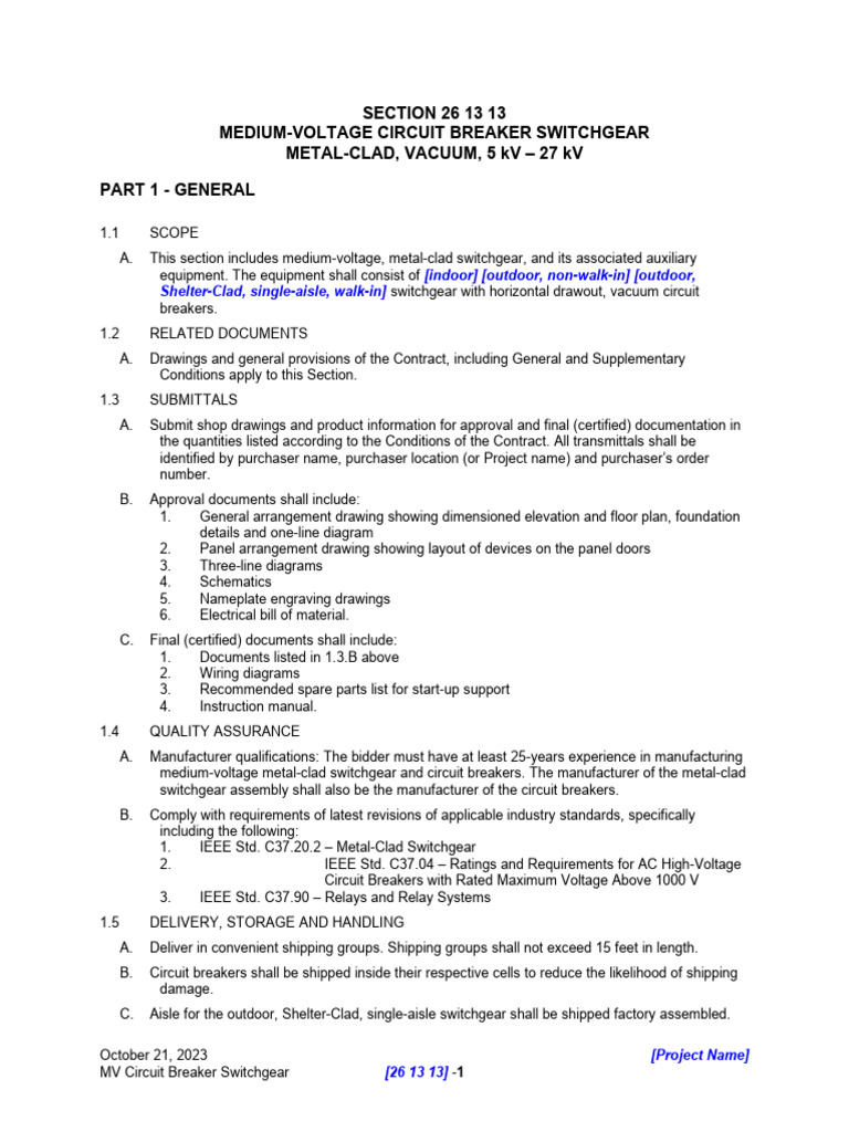 Ansi MV Ais GM SG 26 13 13 MV Switchgear Specification | PDF