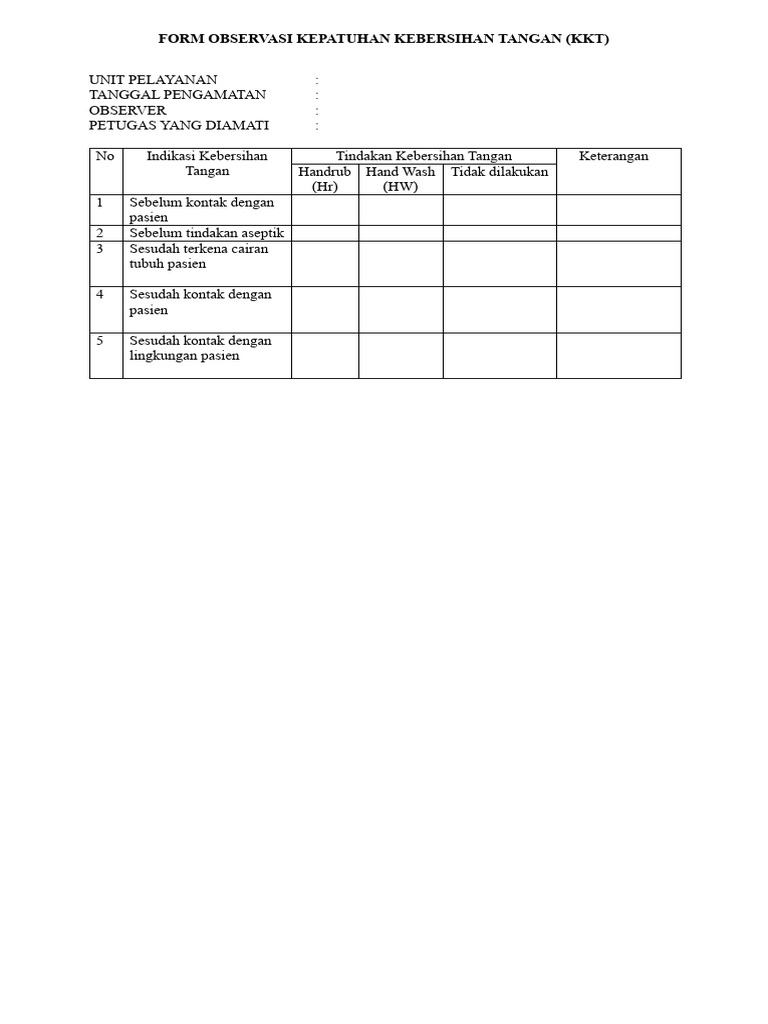 Form Observasi Kepatuhan Kebersihan Tangan (KKT) | PDF