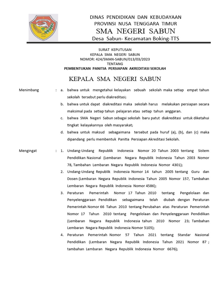 CONTOH SK PANITIA AKREDITASI SEKOLAH-2023 | PDF