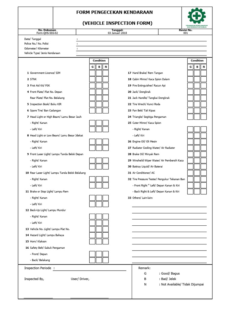 Form-QHS-SSS-02, Form Pengecekan Kendaraan, Rev. 001 | PDF