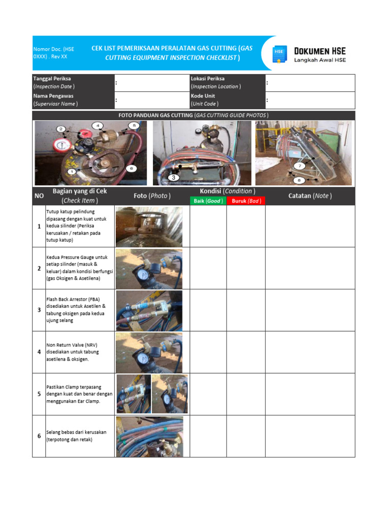 Gas Cutting Equipment Inspection Checklist | PDF