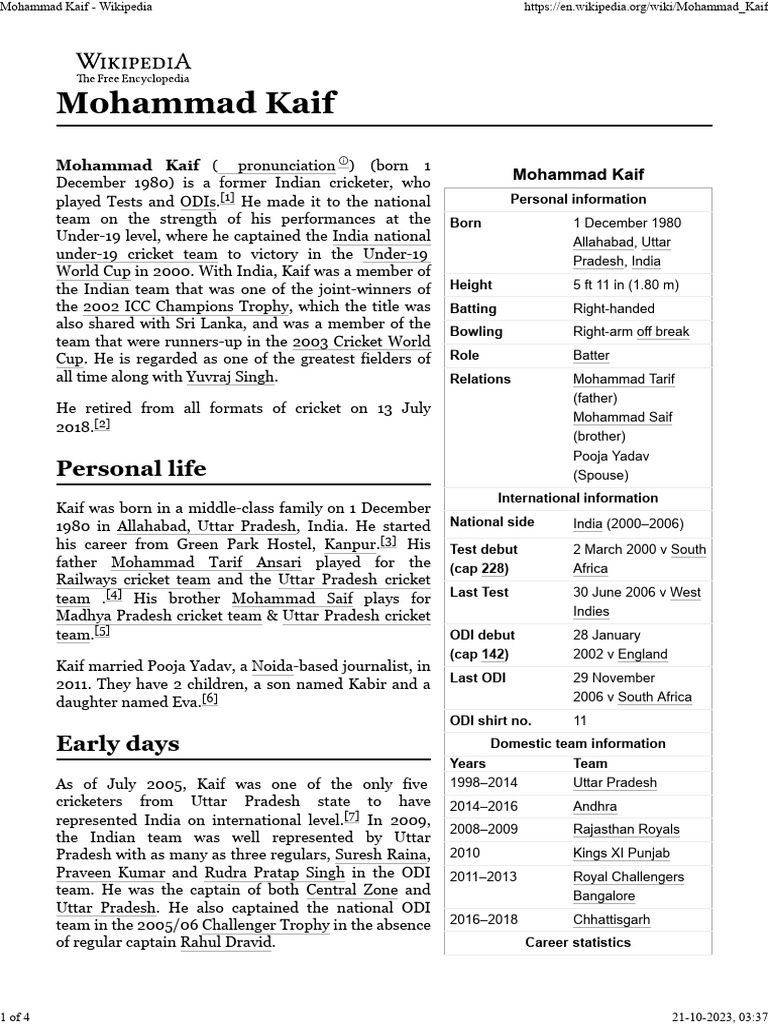 Top Middle Order Batsman - Mohammad Kaif | PDF