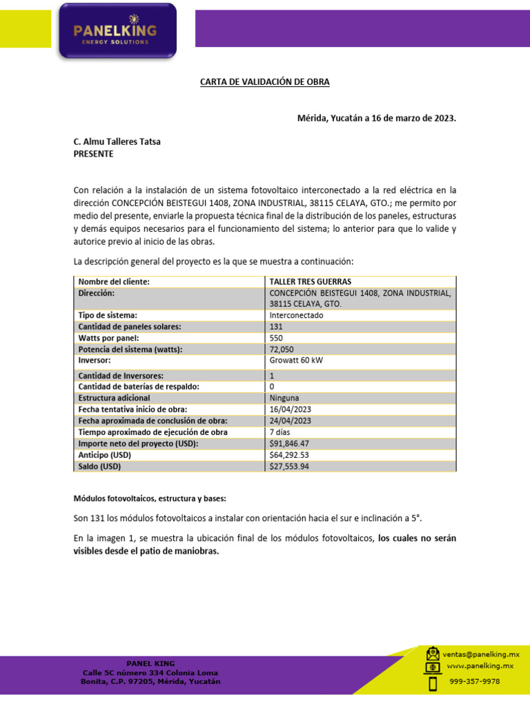 Carta de Validacion de Obra Taller Tres Guerras | PDF Carta de Validacion de Obra Taller Tres Guerras | PDF