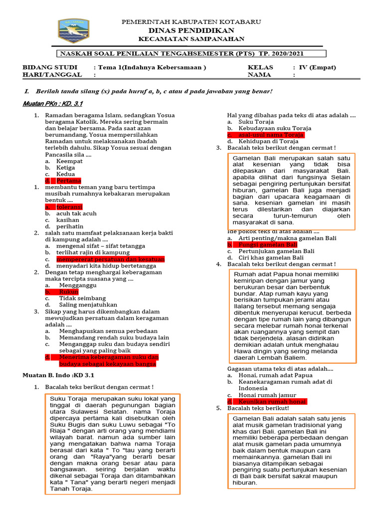 Soal UTS Tema 1 Kelas IV | PDF