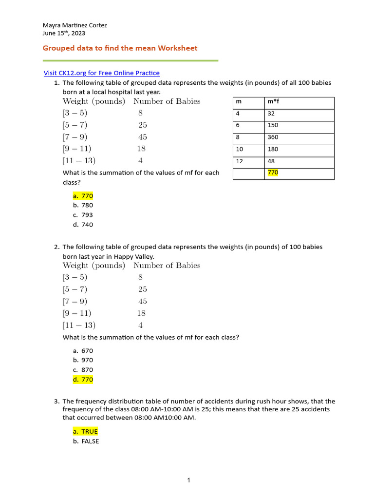 Mean Calculation for Grouped Data Worksheet | PDF