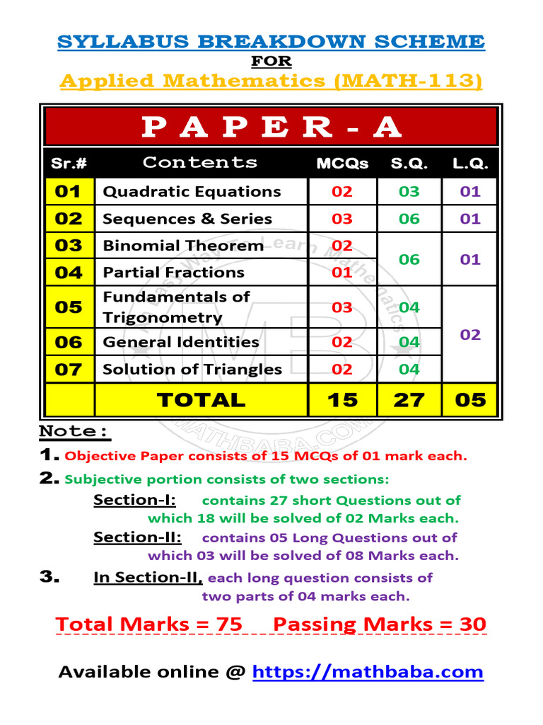 Paper Scheme MATH 113 | PDF | Area | Mathematics