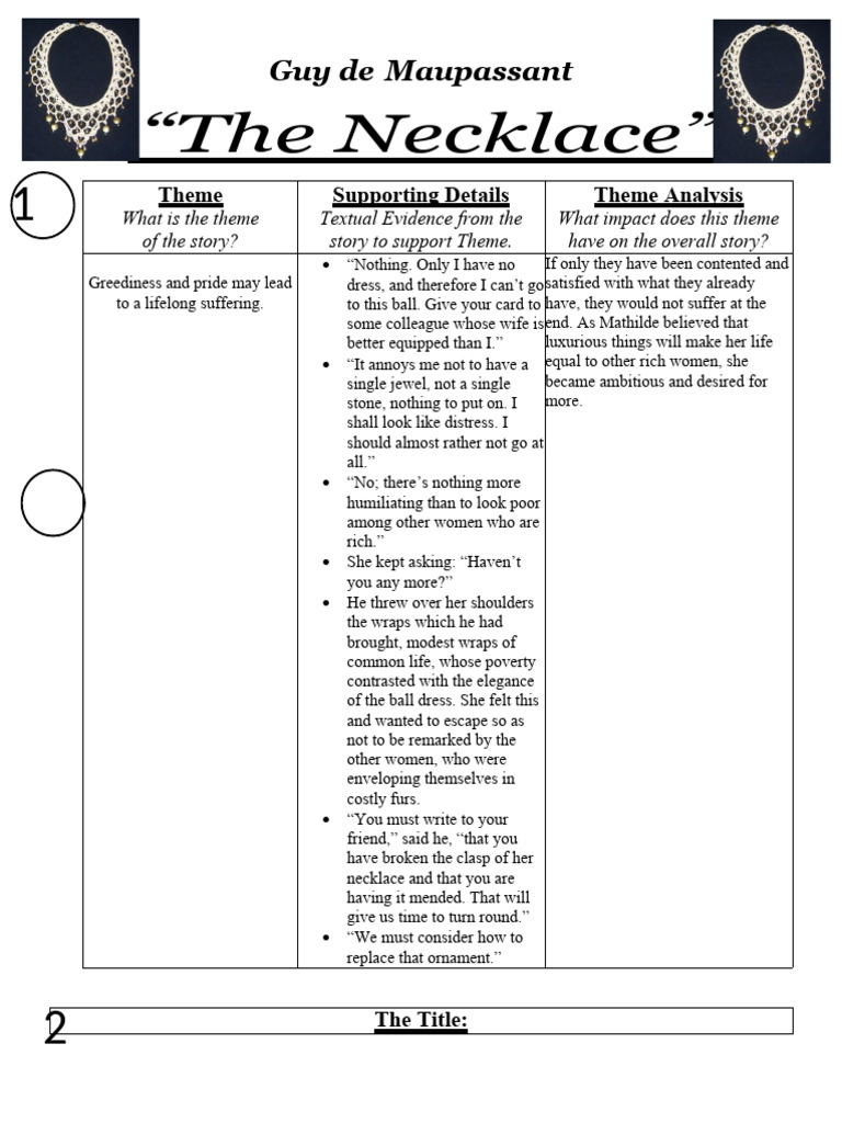 Guy de Maupassant The Necklace Analysis Worksheet | PDF