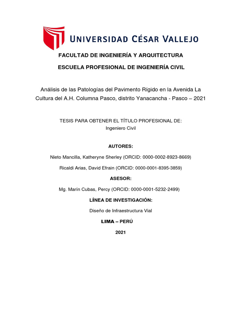 Análisis de Las Patologías Del Pavimento Rígido en La Avenida La Cultura Del AH CLUMNA PASCO ...