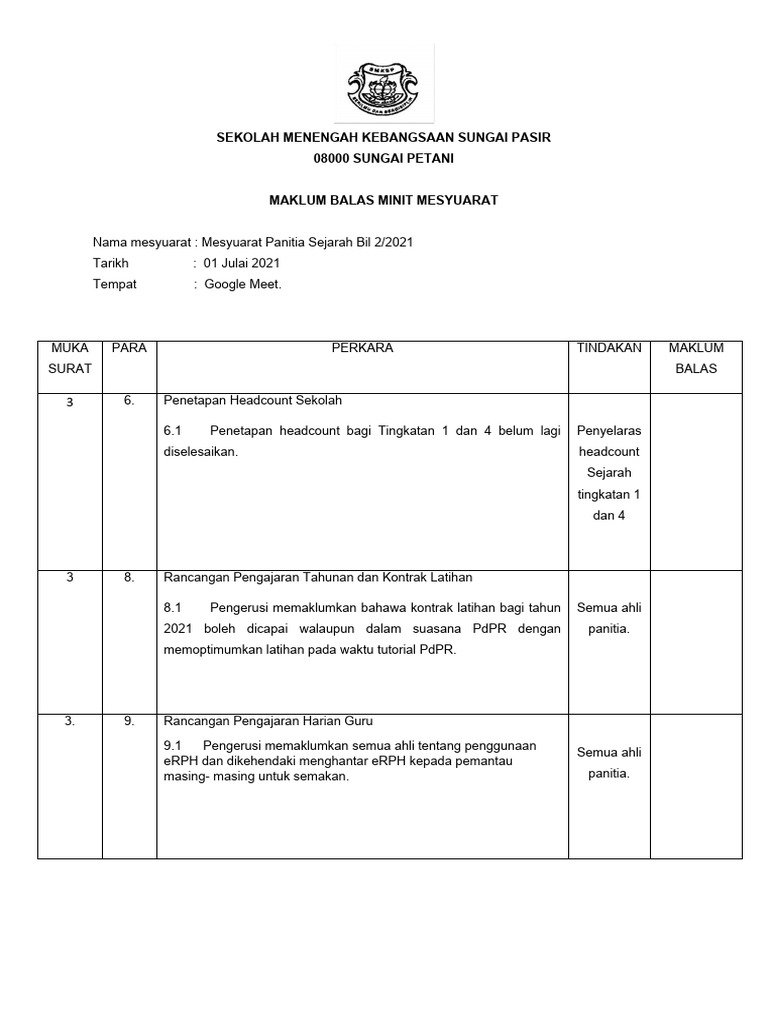 Maklum Balas Minit Mesyuarat Bil 2 (2021) | PDF