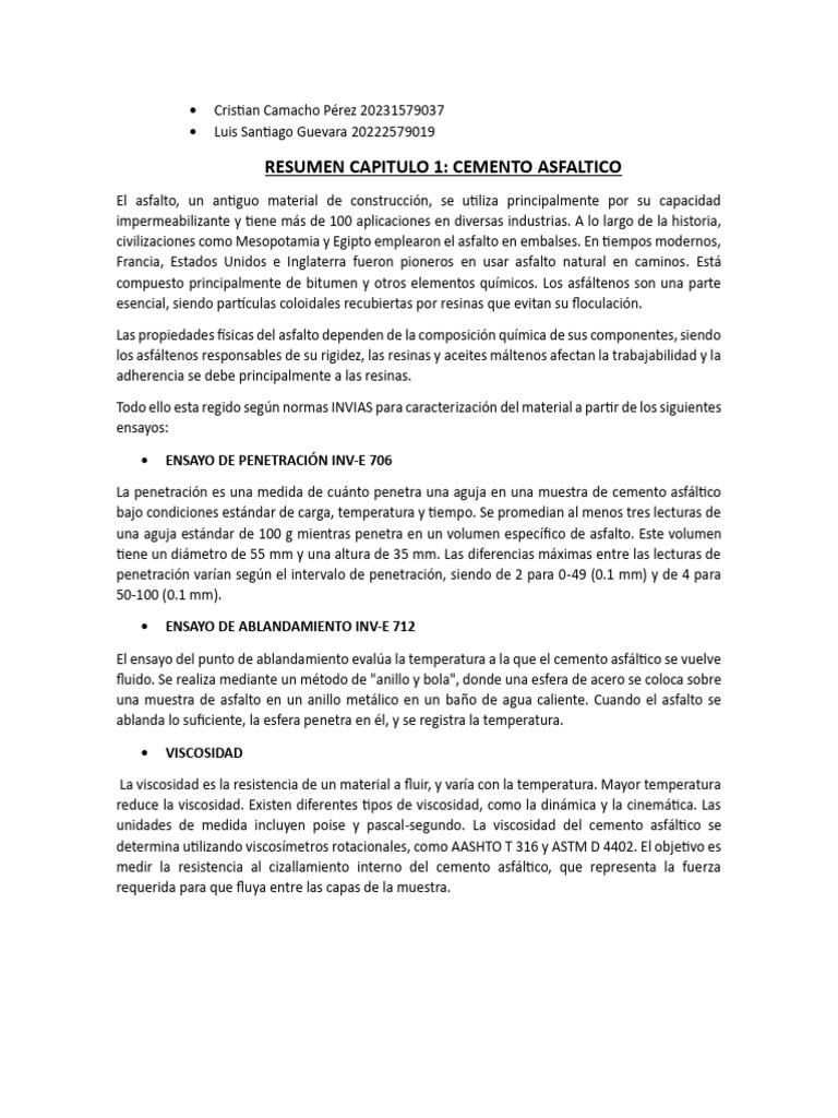 Resumen Capitulo 1 Cemento Asfaltico | PDF | Cemento | Solubilidad