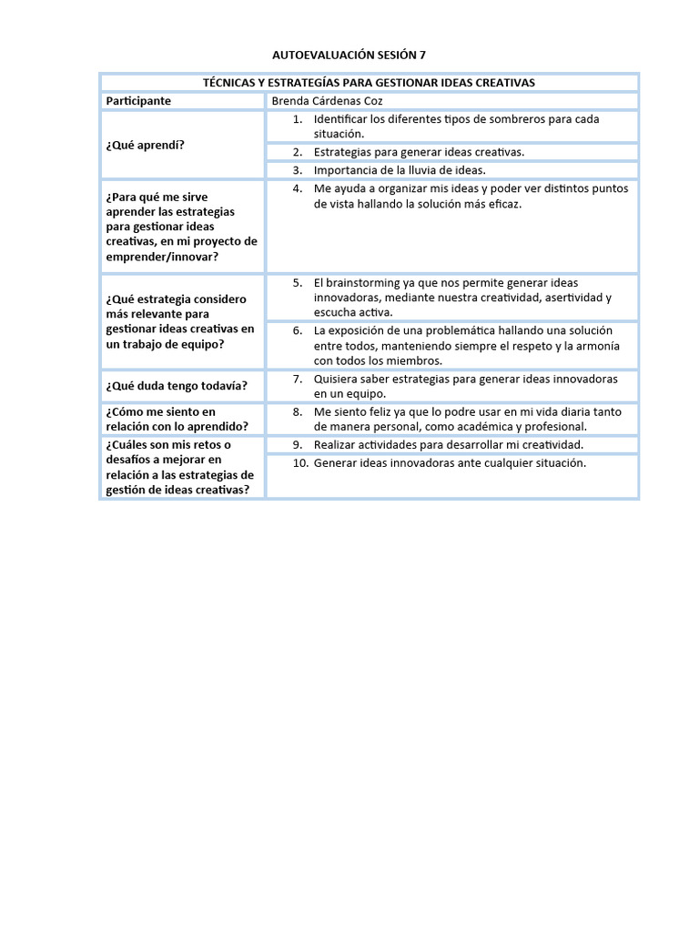 Autoevaluación_Sesión 7_Tec y estrat gest ideas creativas | PDF