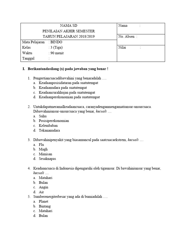 Soal Pas Kelas 3 Bindo | PDF