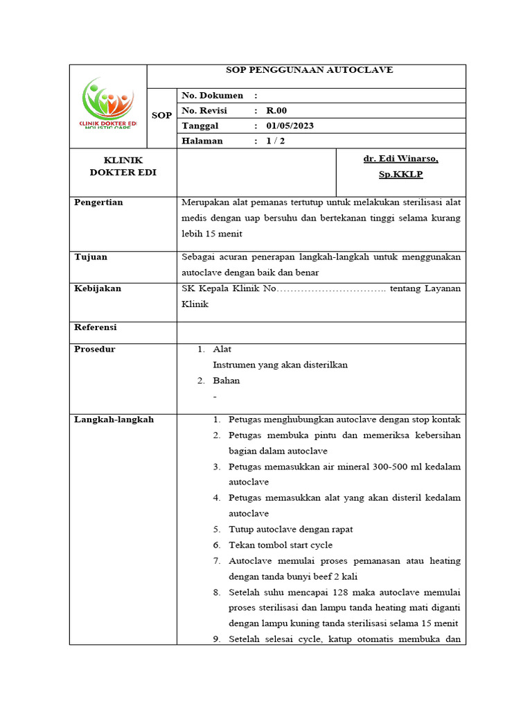 Sop Autoclave | PDF