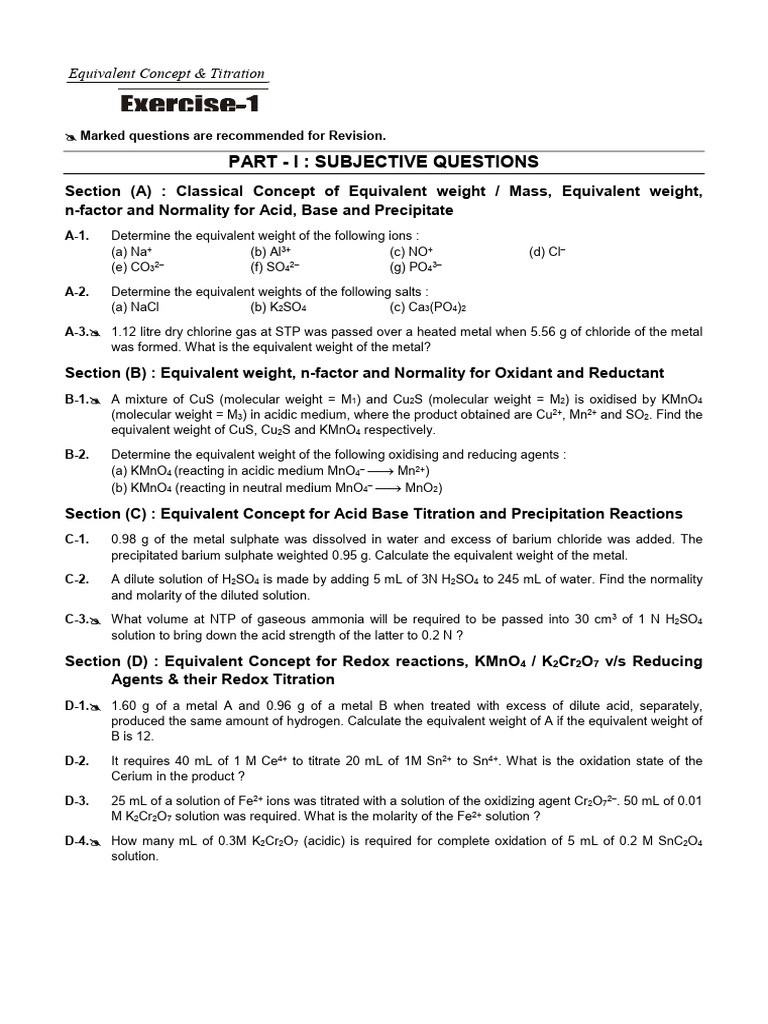 Equivalent Concept - Titration Exercise | PDF | Redox | Chemistry