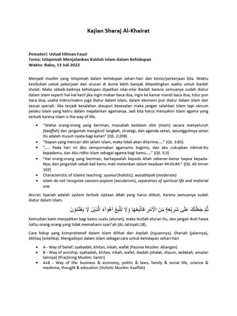 Kajian Sharaj Al Khairat Ustad Hilman Fauzi juli 2022 | PDF