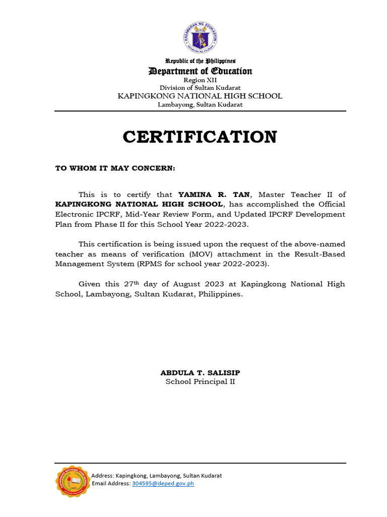 Ipcrf Certification | PDF | Career & Growth