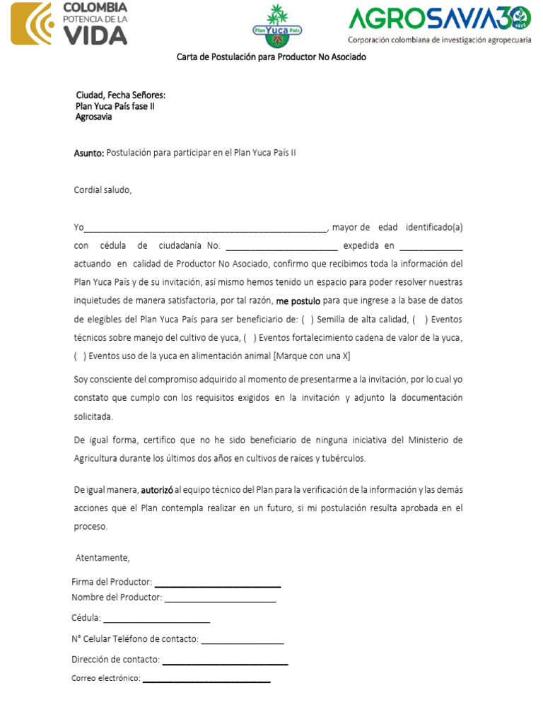 Carta de Postulación Yuca País Productor | PDF