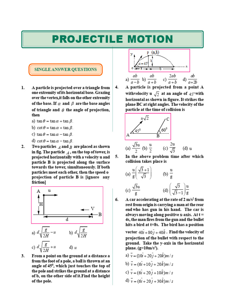 Projectile Motion: Single Answer Questions | PDF