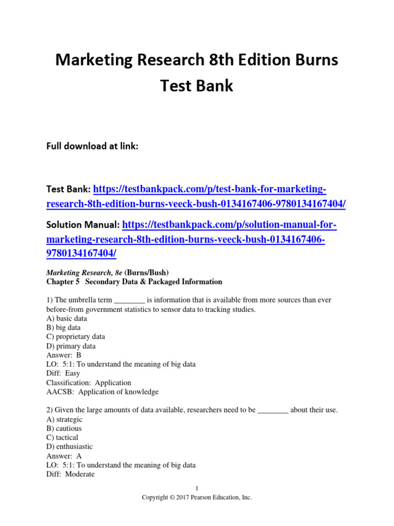 Marketing Research 8th Edition Burns Test Bank 1 | PDF