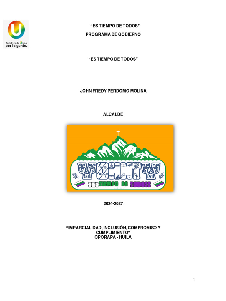 John Fredy Perdomo Molina. Plan de Gobierno 2024 - 2027. | PDF