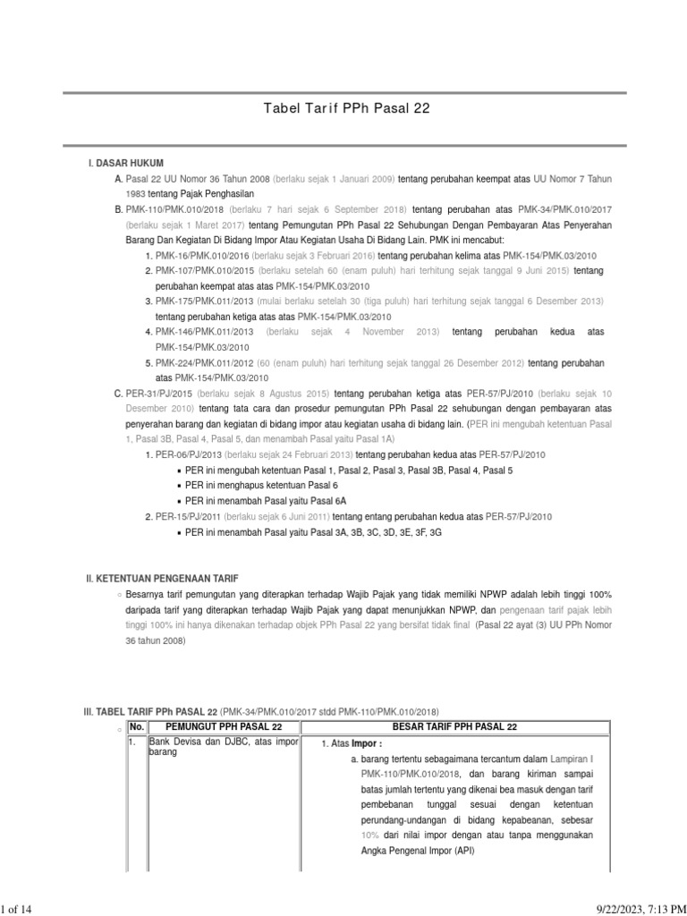 Tabel Tarif PPH 22 Rangkum | PDF