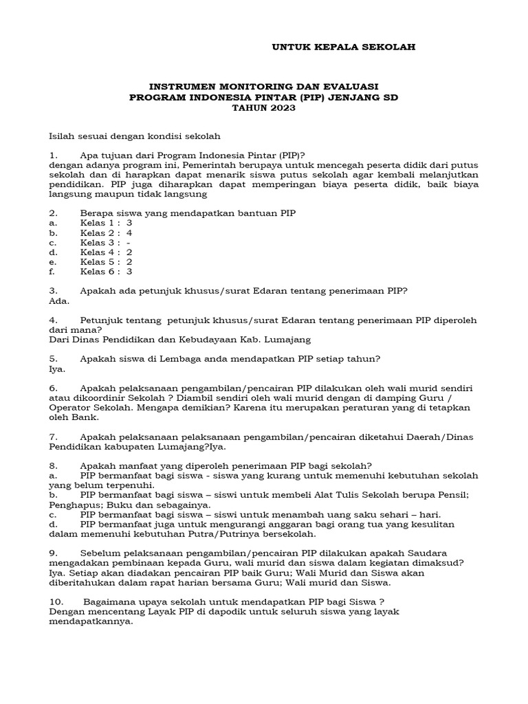 INSTRUMEN MONEV PIP SD 2023 SDN RANDUAGUNG 02 | PDF