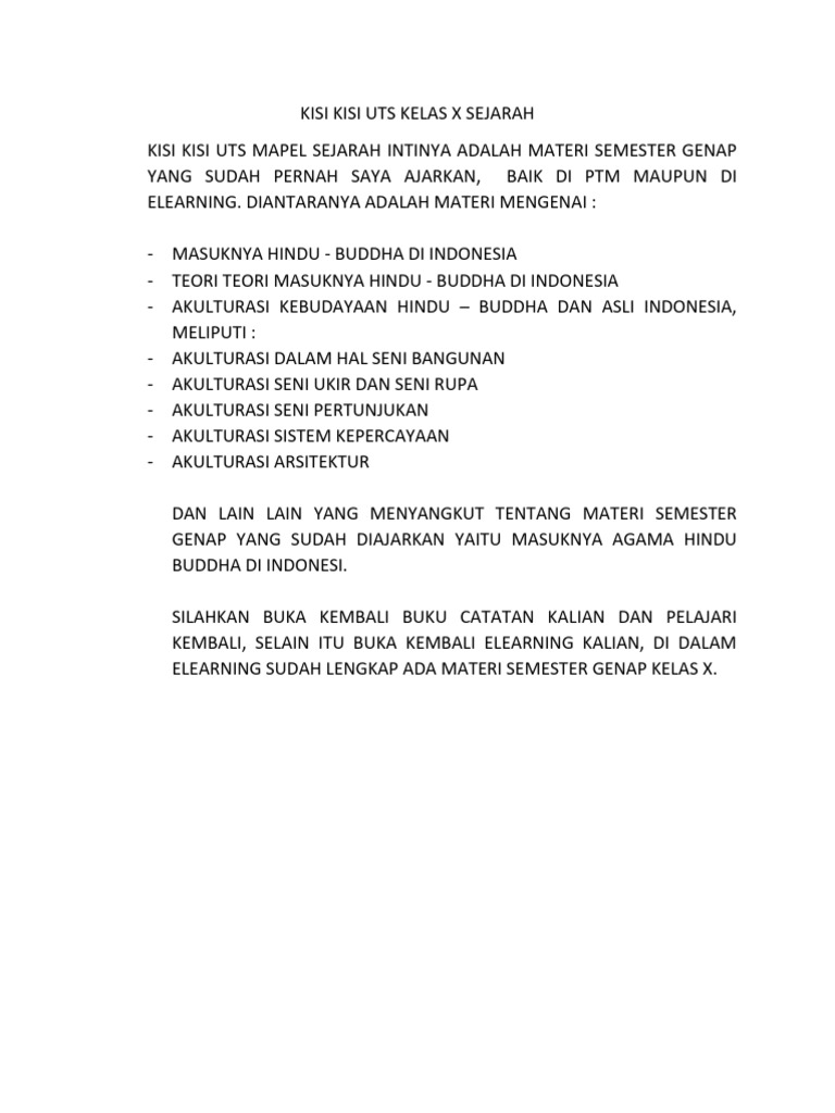 Kisi Kisi Sejarah Uts Kelas x | PDF