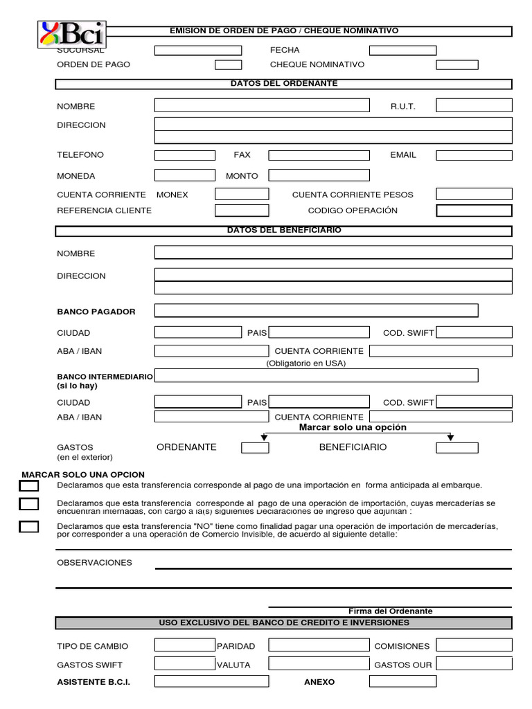 Orden de Pago Bci | PDF | Transferencia bancaria | Tecnología bancaria